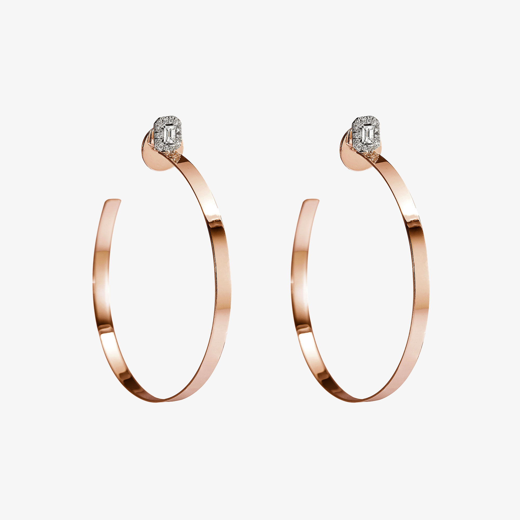 Thick pink gold hoops with an emerald cut diamond | Venetia Vildiridis ...