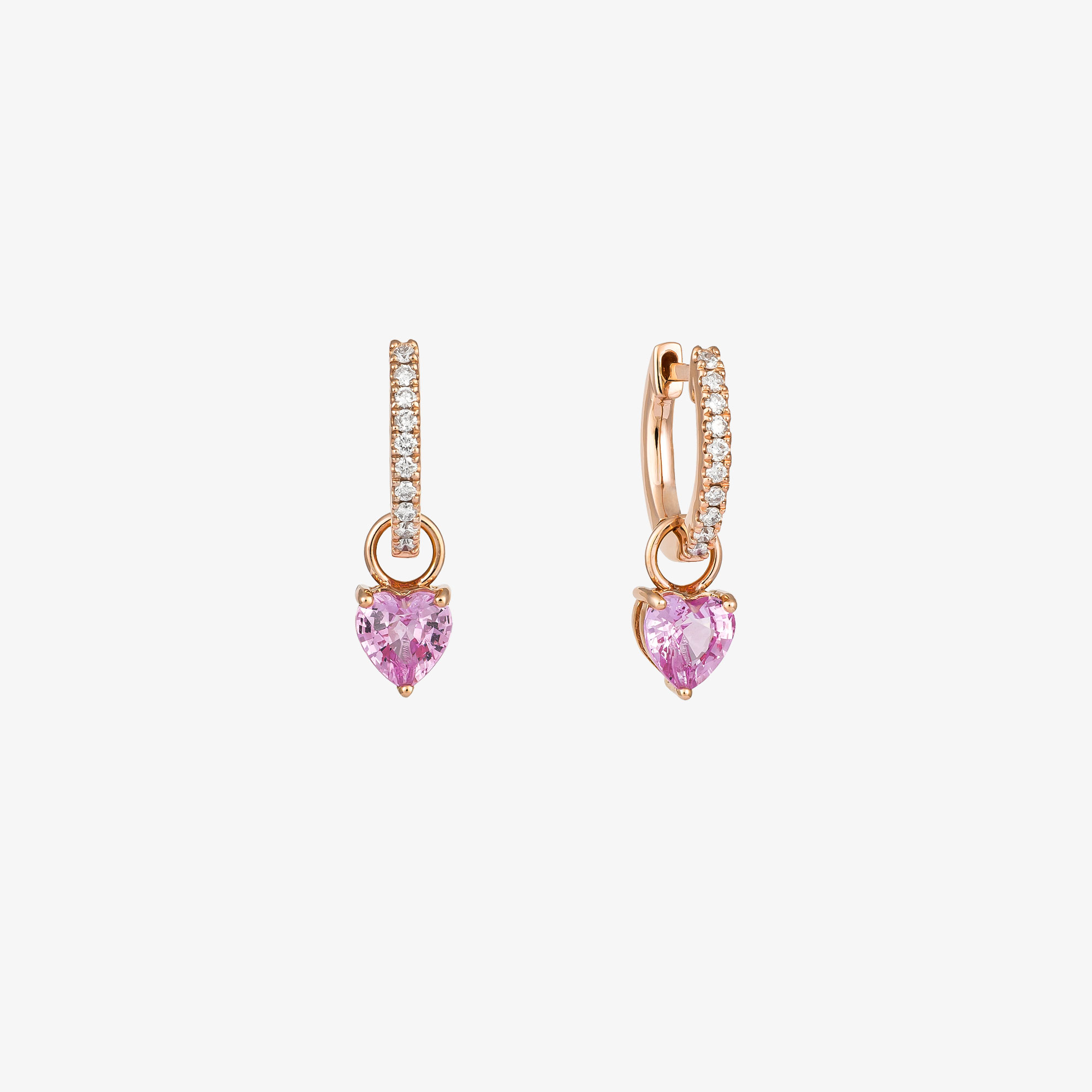 Pink gold hoops with pink sapphires hanging hearts | Venetia Vildiridis ...