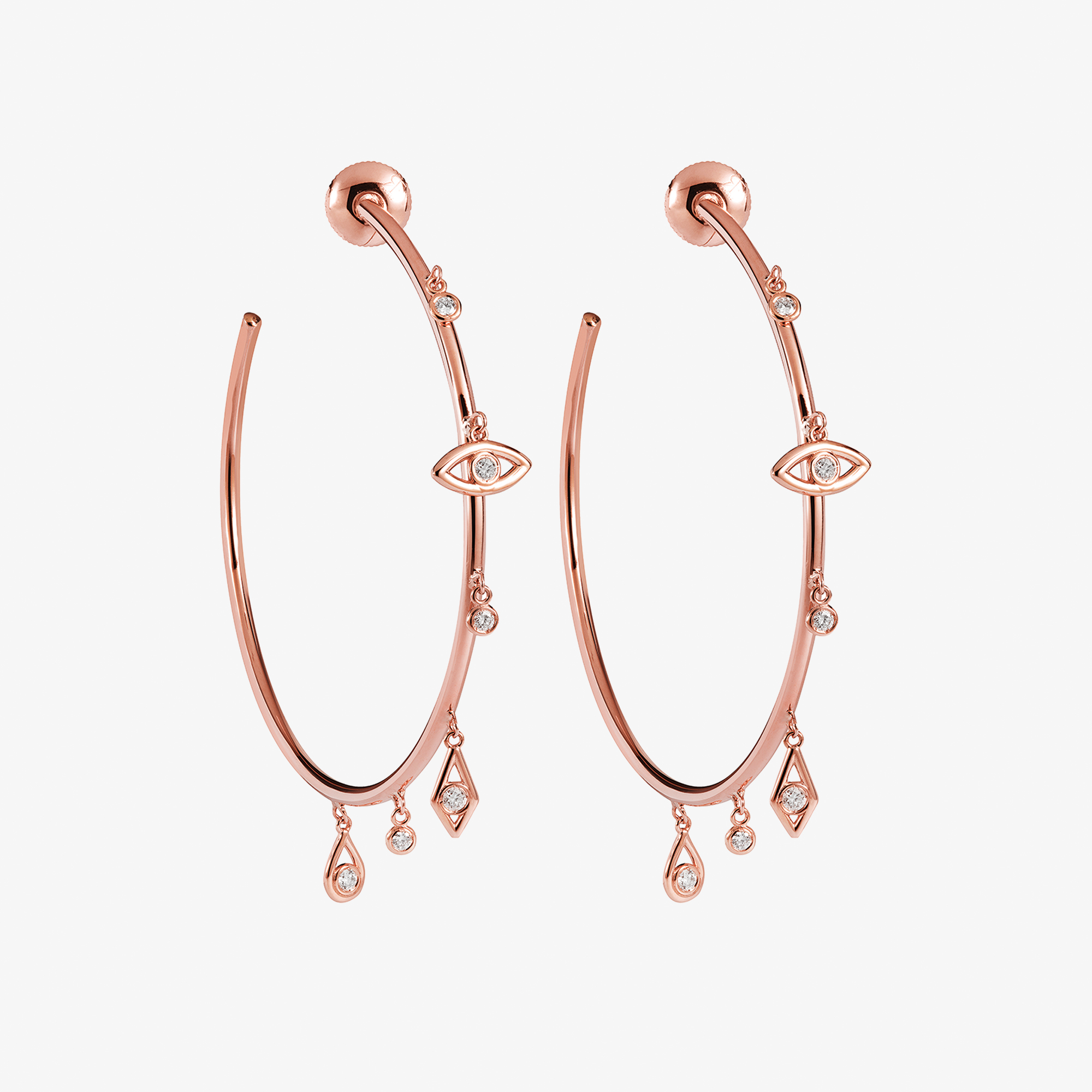 Large pink gold hoops with dangling gold drops with diamonds | Venetia ...
