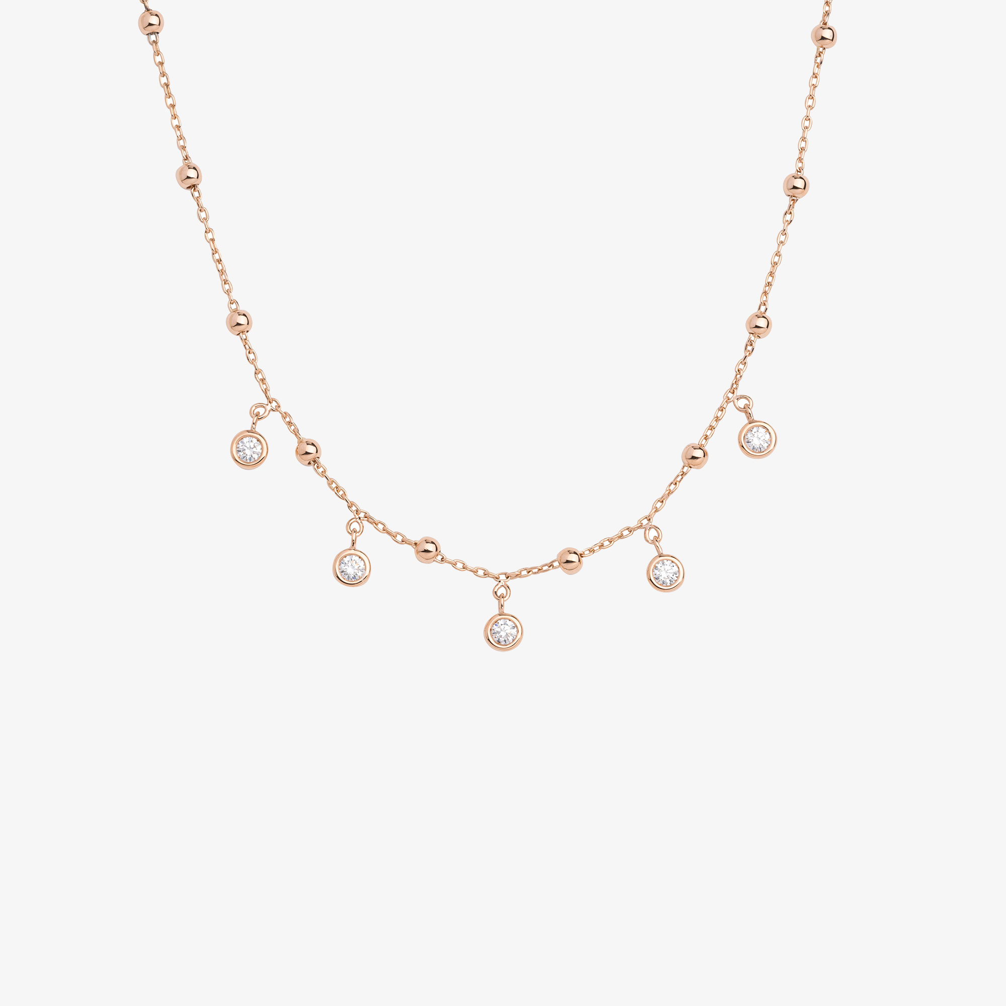 Pink gold thin chain necklace with five dangling diamonds | Venetia ...