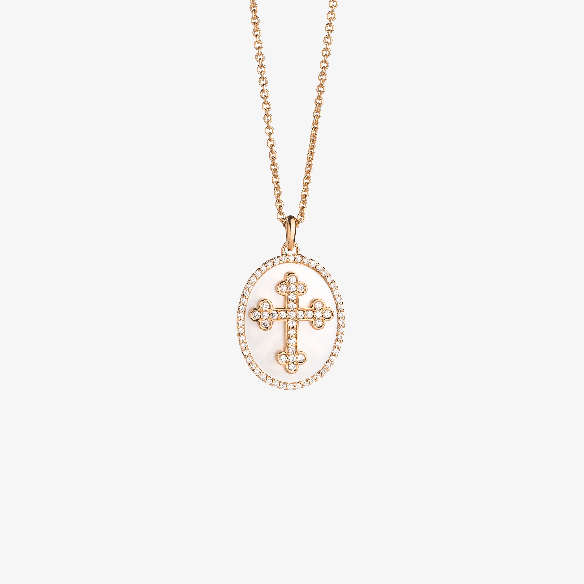 Pink gold oval cross pendant with diamonds and mother of pearl ...