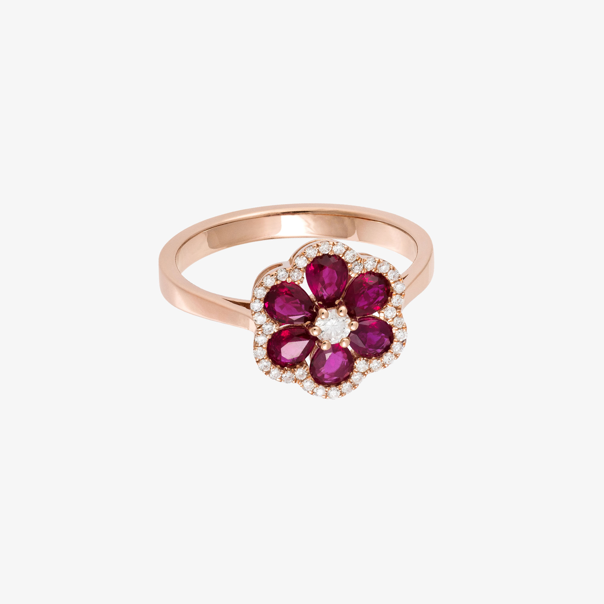 Dainty pink gold ruby flower ring with diamonds | Venetia Vildiridis E-Shop