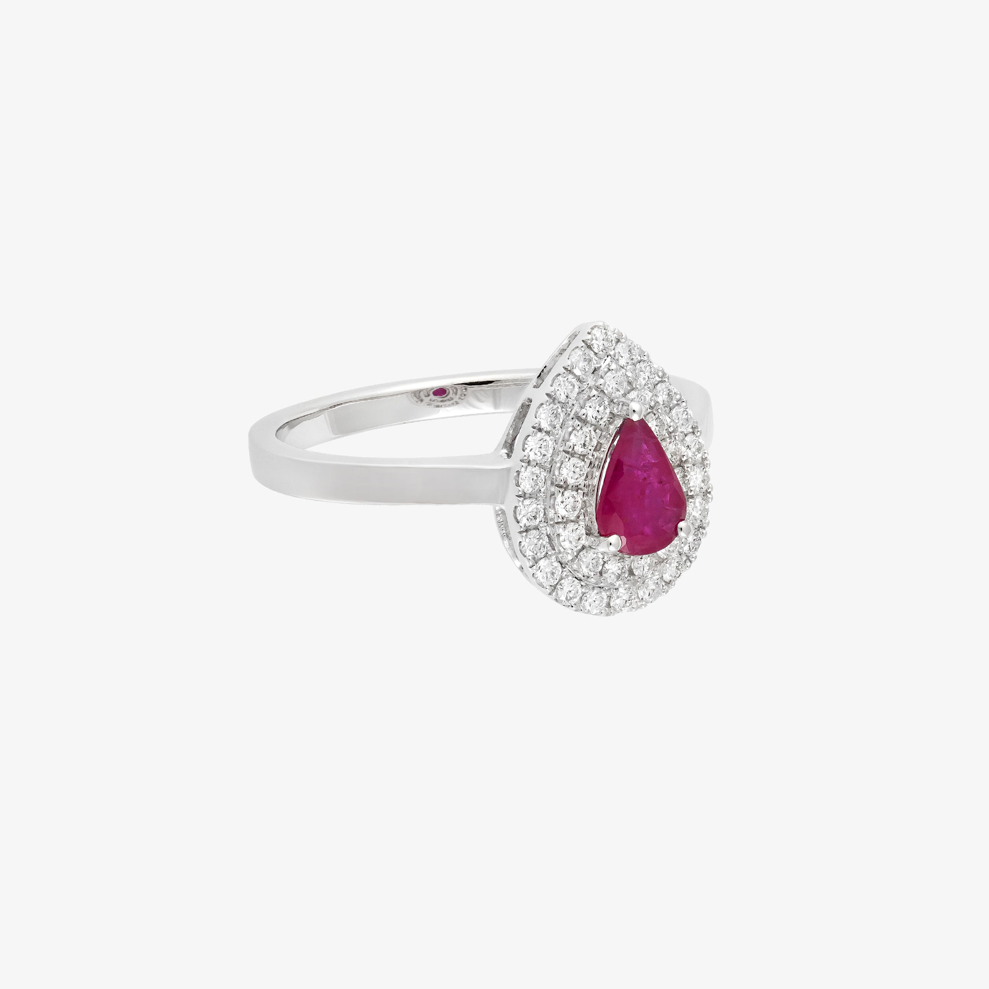 White gold pear cut ruby rosette ring with diamonds | Venetia Vildiridis E-Shop